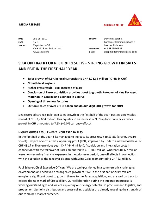Sika on Track for Record Results - Strong Growth in Sales and EBIT in ...