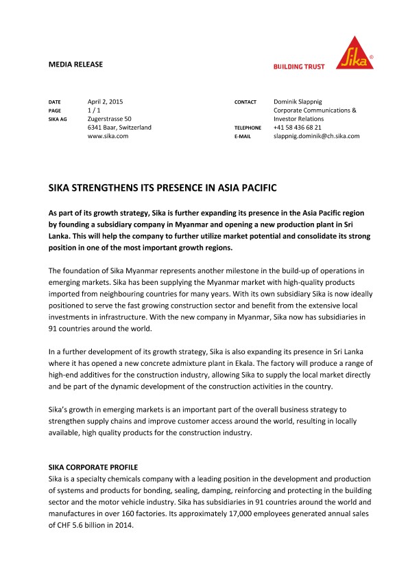 Sika Strengthens its Presence in Asia Pacific