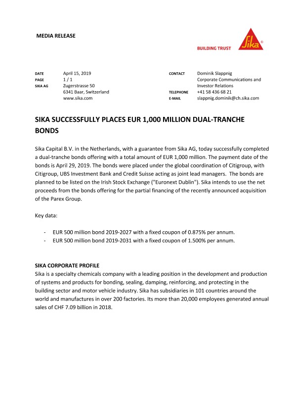 Sika Successfully Places EUR 1,000 Million Dual-Tranche Bonds