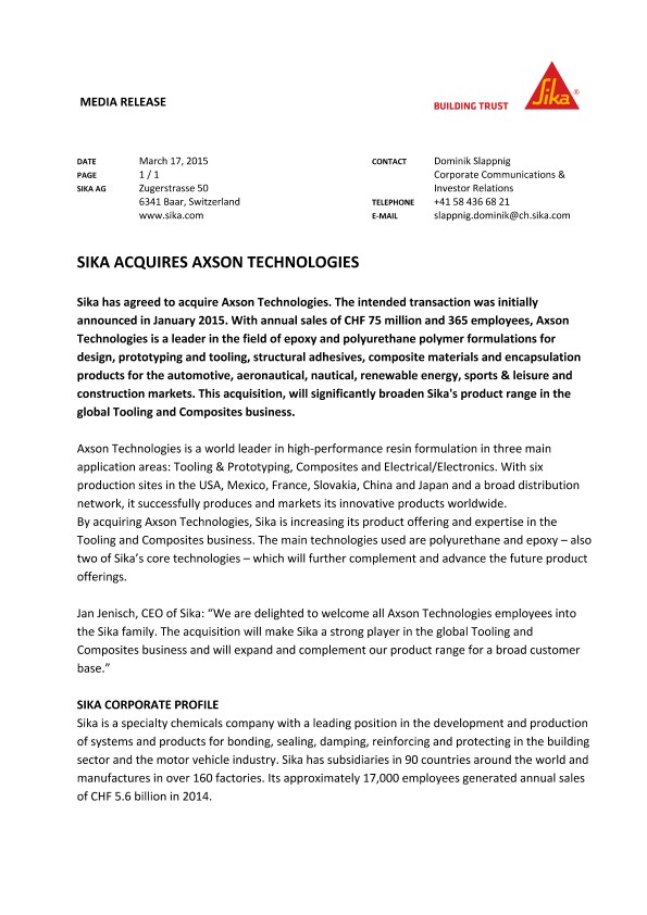 Sika Acquires Axson Technologies Sika Acquires Axson Technologies