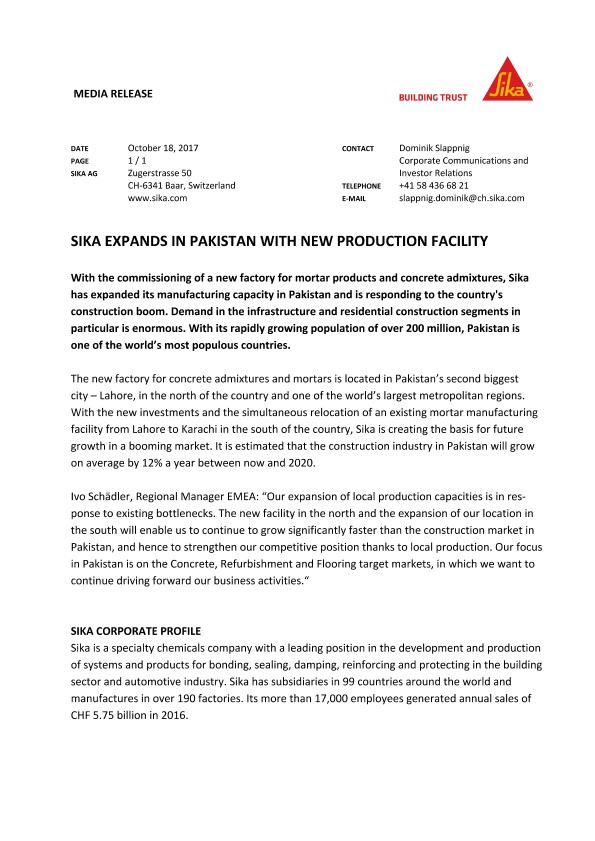 Sika Expands in Pakistan with New Production Facility