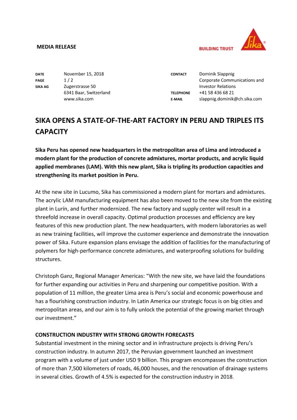 Sika Opens a State-of-the-Art Factory in Peru and Triples its Capacity