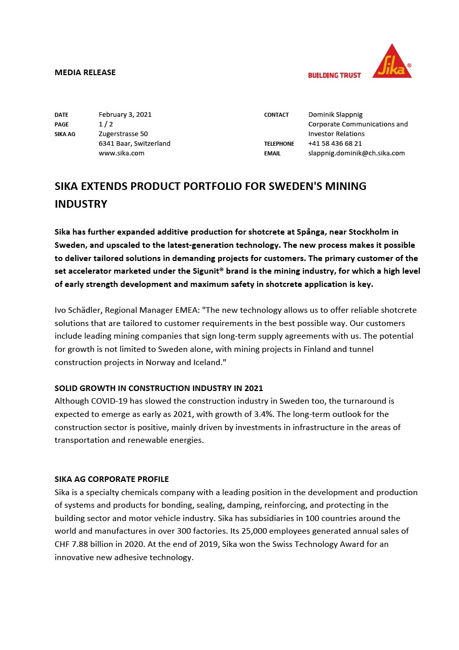 Sika Extends Product Portfolio for Sweden's Mining Industry