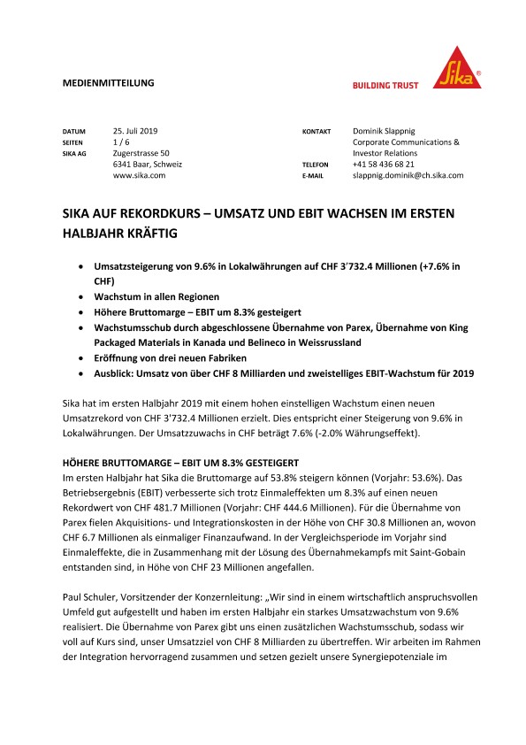 Sika on Track for Record Results - Strong Growth in Sales and EBIT in ...