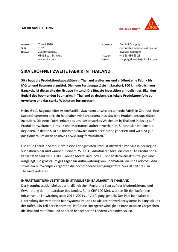 Sika Opens Second Factory in Thailand