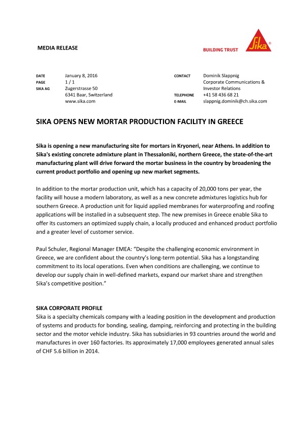 Sika Opens New Mortar Production Facility in Greece